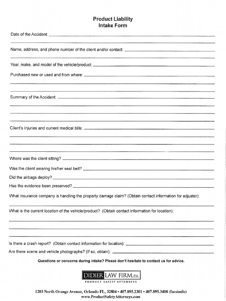 Product Liability Intake Form | PDF