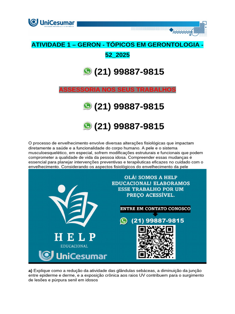 Atividade 1 - Geron - Tópicos em Gerontologia - 52 - 2025 | PDF