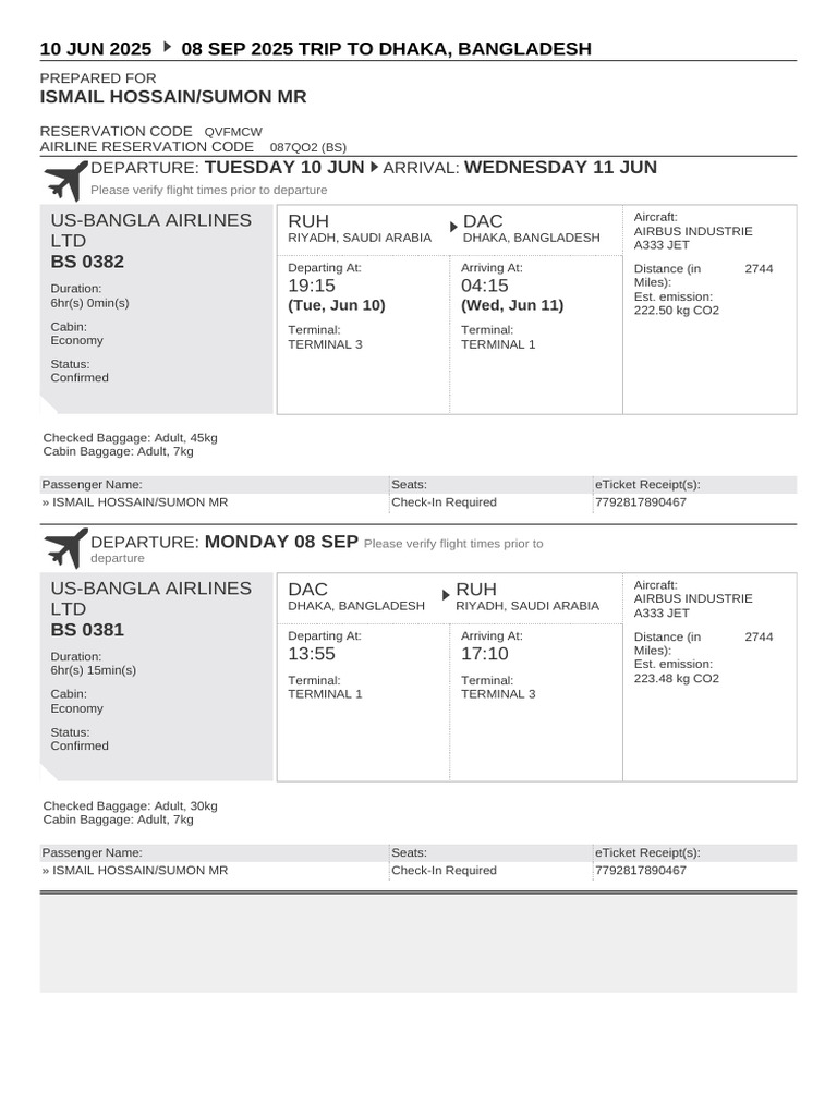 Travel Reservation June 10 For MR Sumon Ismail Hossain | PDF ...