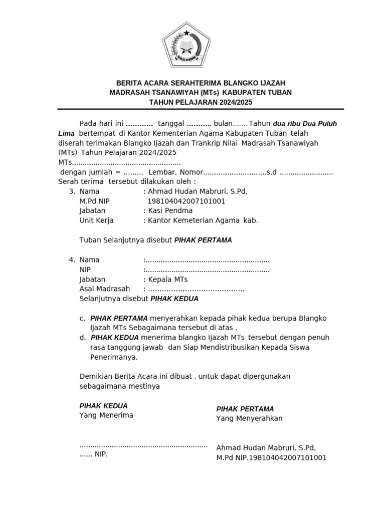 Serah Terima Ijazah MTs Tuban 2024/2025 | PDF