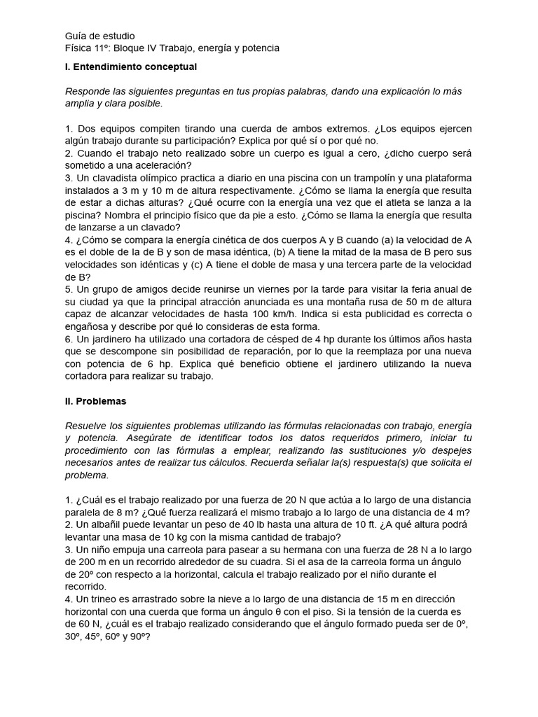 IV Trabajo, Energía y Potencia (Guía) | PDF | Masa | Cantidades fisicas