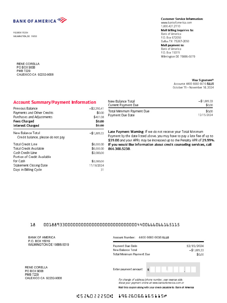 Bank of America Visa Statement Summary | PDF | Credit Card | Cheque