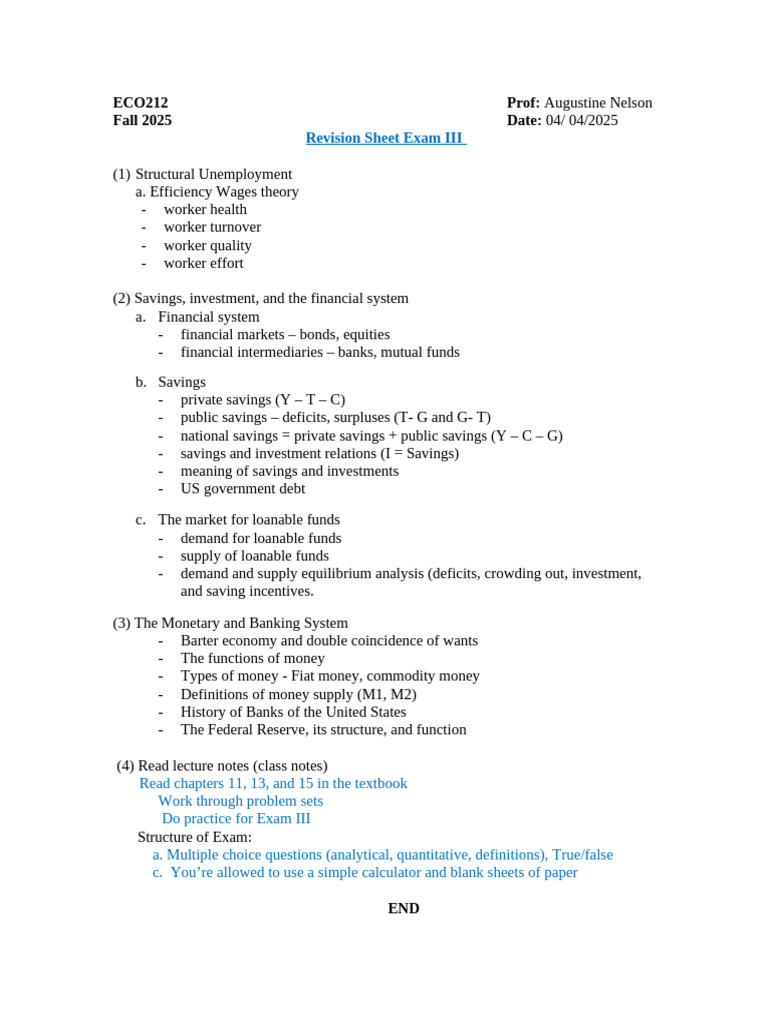 ECO212. Exam III Revision Sheet F2025 | PDF
