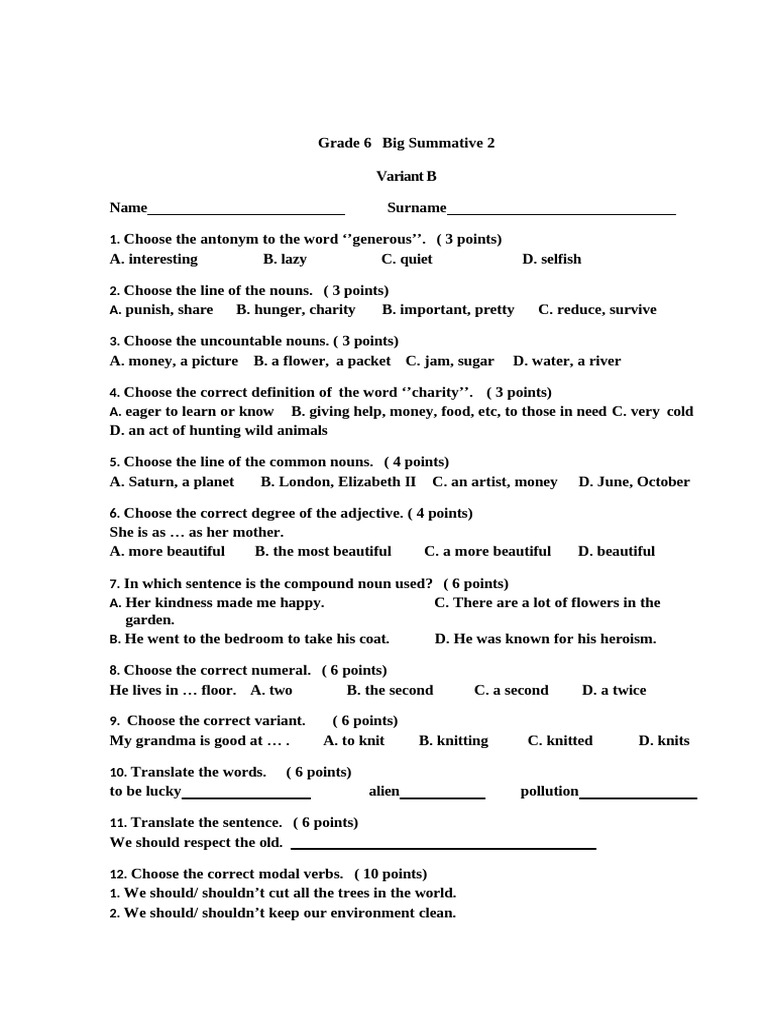 Grade 6 Big Summative 2. Variant B | PDF | Noun | Language Mechanics