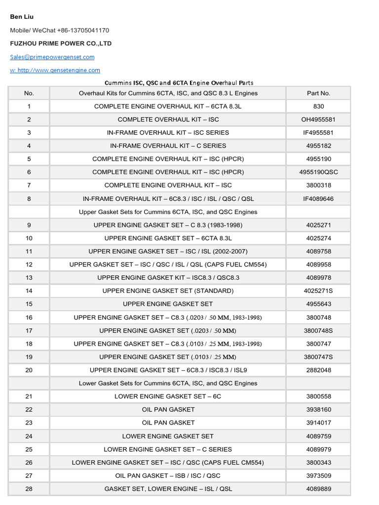 Cummins ISC, QSC and 6CTA Engine Overhaul Parts | PDF | Fuel Injection ...