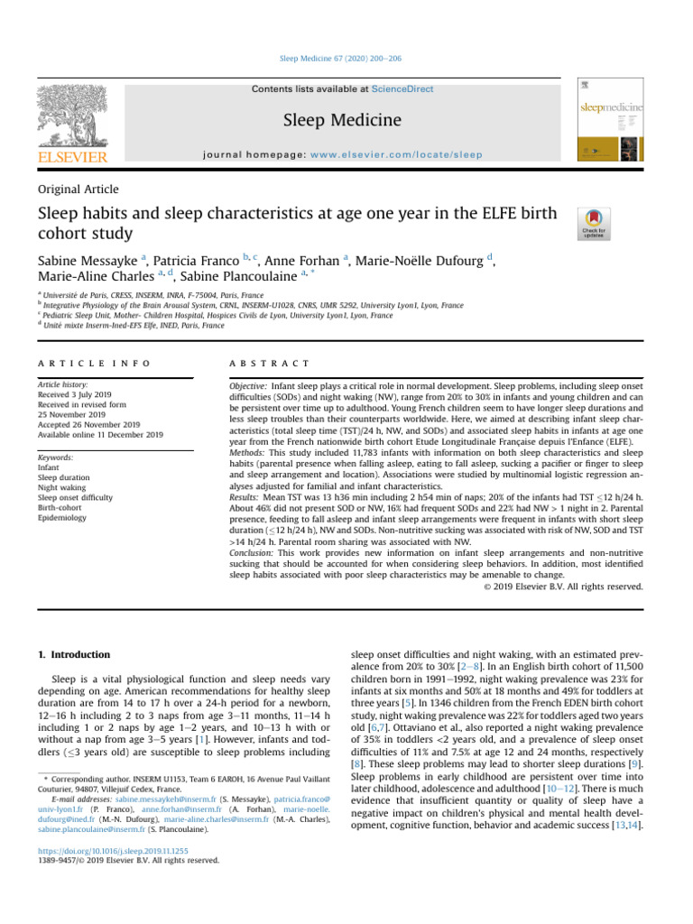Sleep Habits and Sleep Characteristics at Age One Year in The ELFE ...
