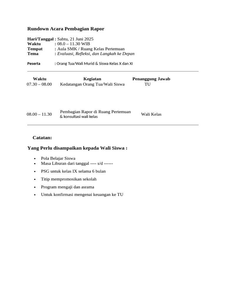 Rundown Acara Pembagian Rapor | PDF