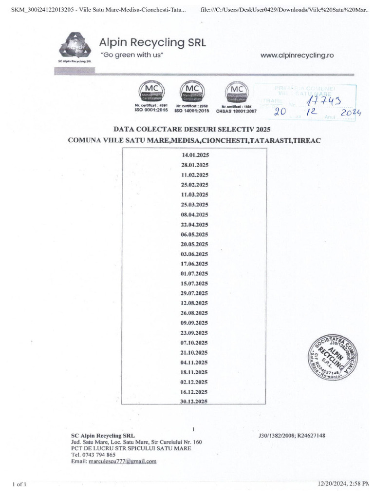 Anunt Nr.17743 Colectare Selectiva de Deseuri 2025 Din 20.12.2024 | PDF