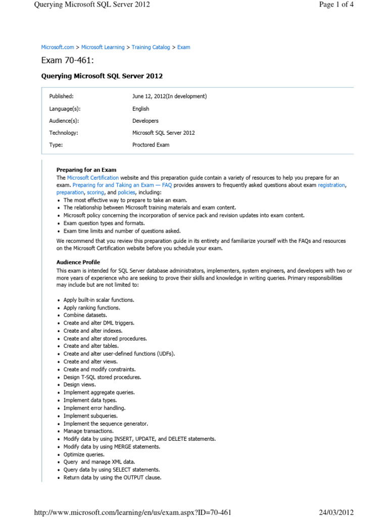 Exam 70-461:: Querying Microsoft SQL Server 2012 | PDF | Microsoft Sql Server | Computer Programming