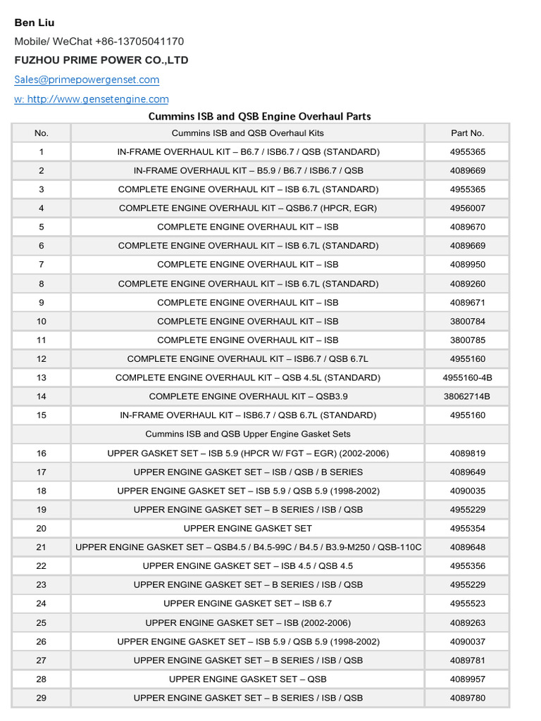 Cummins ISB and QSB Engine Overhaul Parts | PDF | Engines | Cummins
