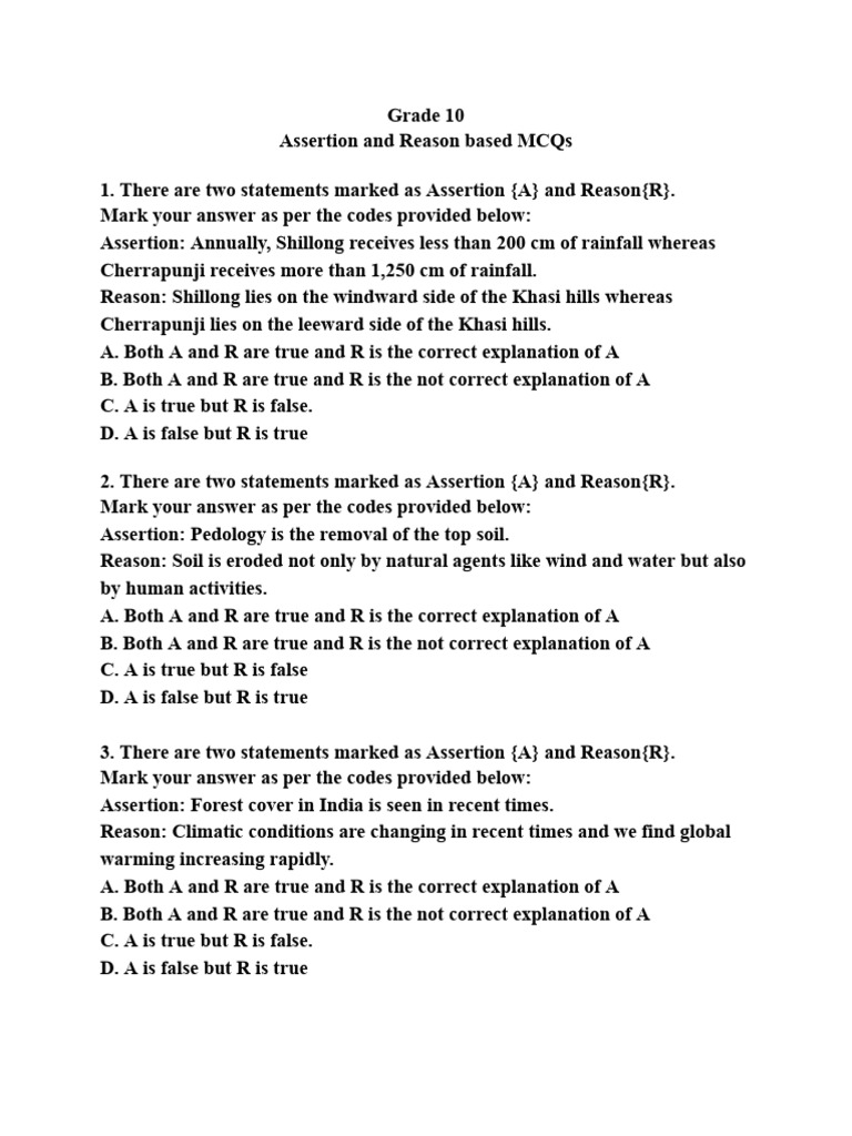 g10 Assertion Reason Mcqs - Students Copy - Sem 1 - 2023-24 | PDF | Rain | Climate