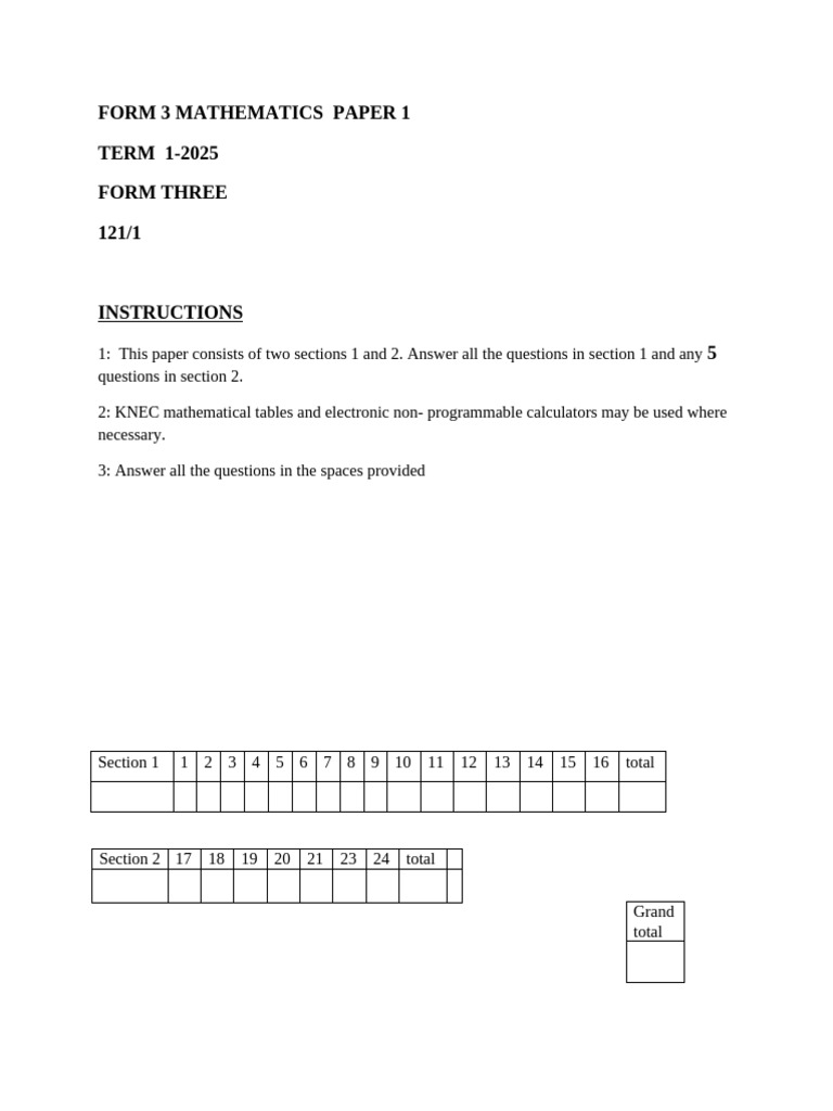Form 3 Mathematics Paper 1 - Term 1 2025 | PDF | Circle | Area