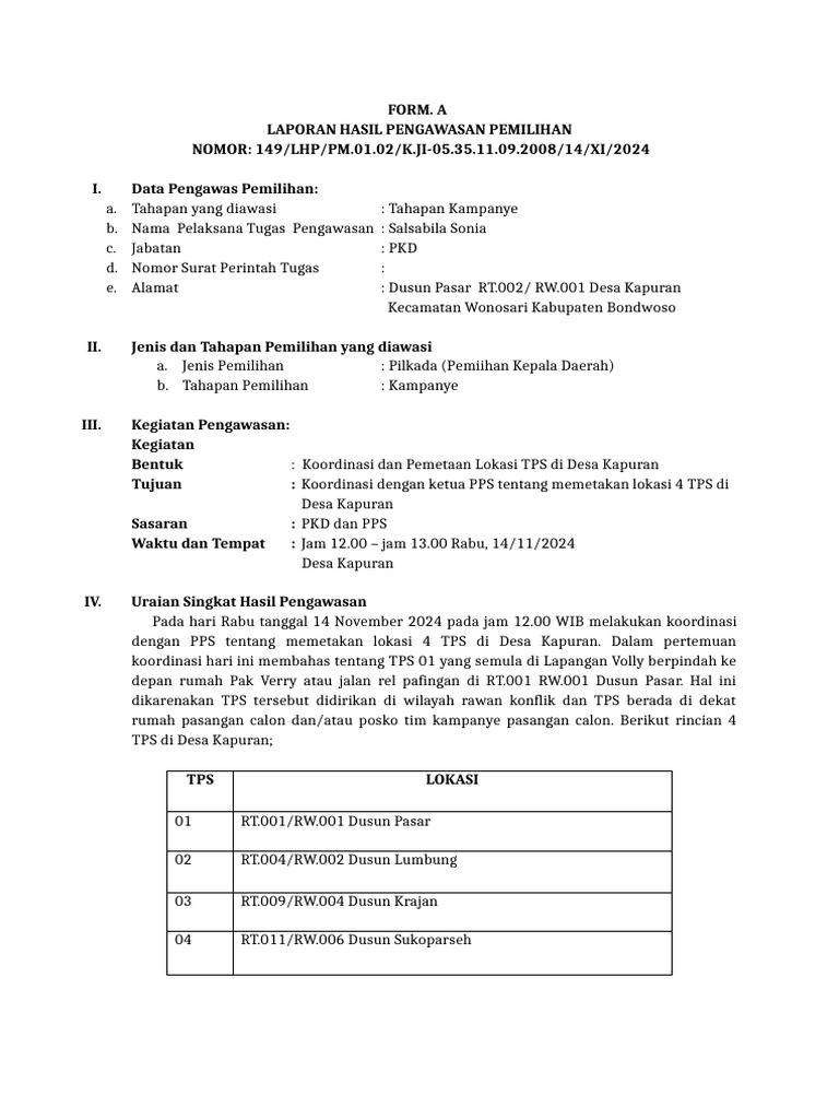 Contoh FORM A PENGAWASAN | PDF