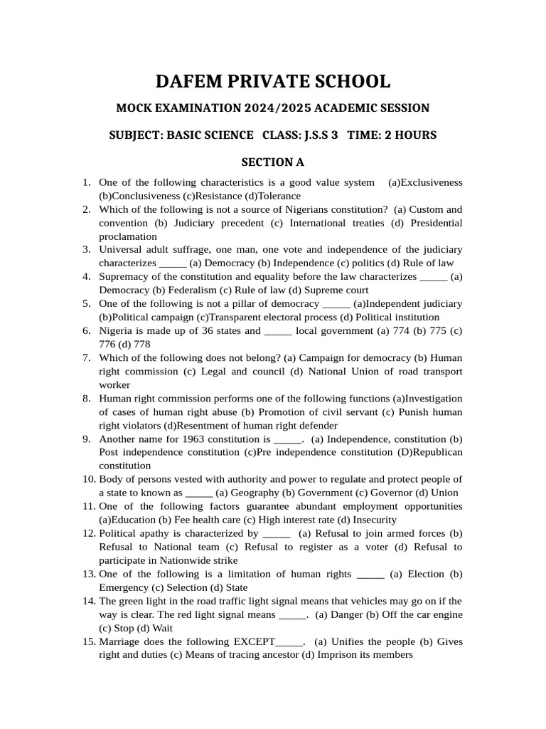 J.S.S 3 Basic Science Mock Exam 2024 | PDF | Constitution | Democracy