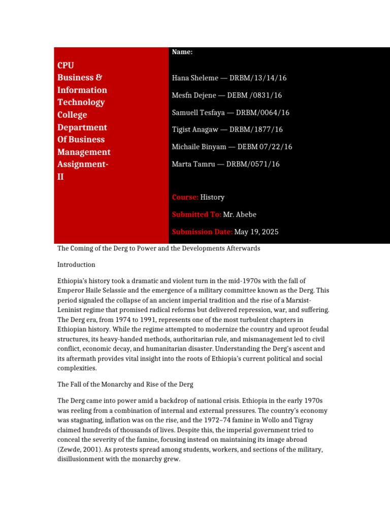 The Derg Assignment Final | PDF | Political Science