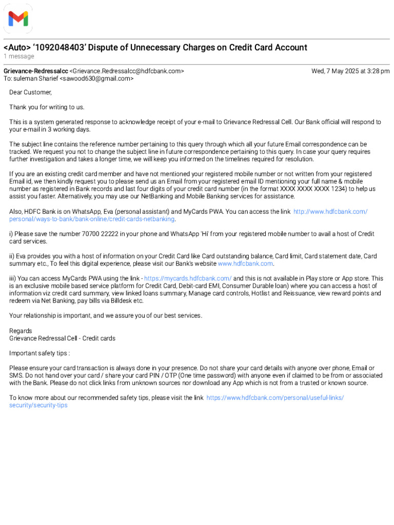 HDFC 1092048403' Dispute of Unnecessary Charges On Credit Card Account ...