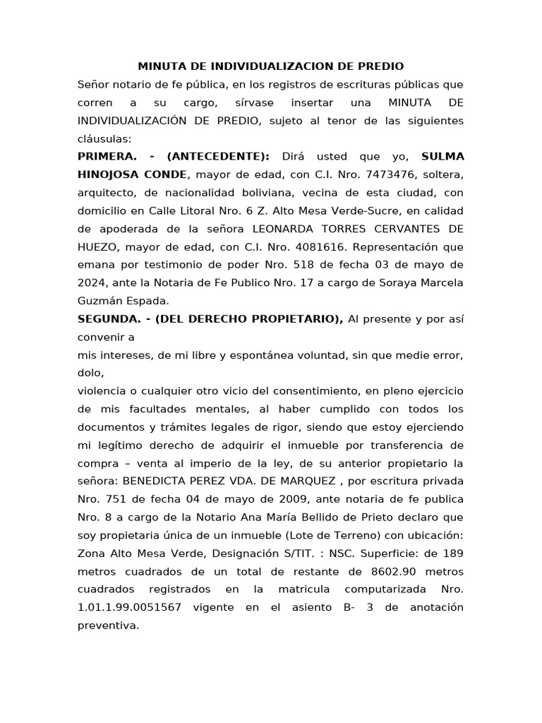 Minuta de Individualizacion de Predio | PDF | Derecho Civil (Common Law) | Justicia