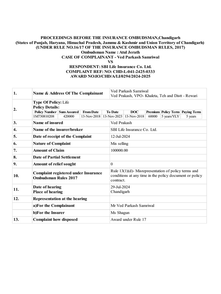 Mis Selling CHD L 041 2425 0333 Ved Parkash Samriwal 112134 | PDF | Insurance | Taxes