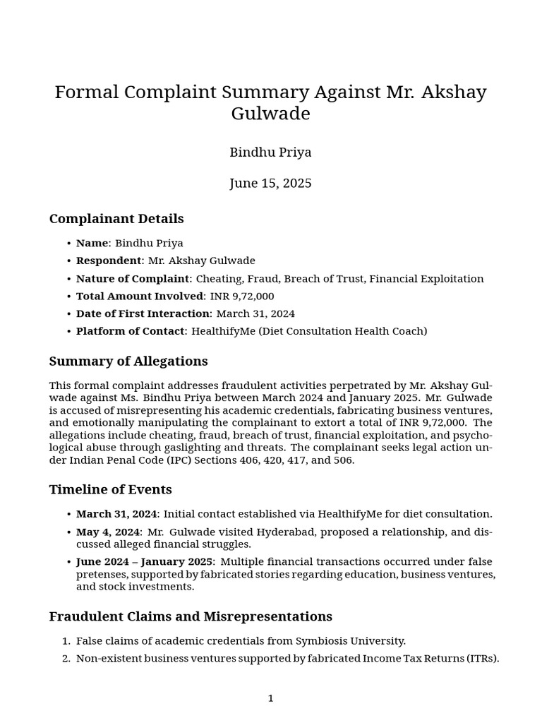Complaint Summary of Bindu To Akshay | PDF | Crimes | Crime & Violence