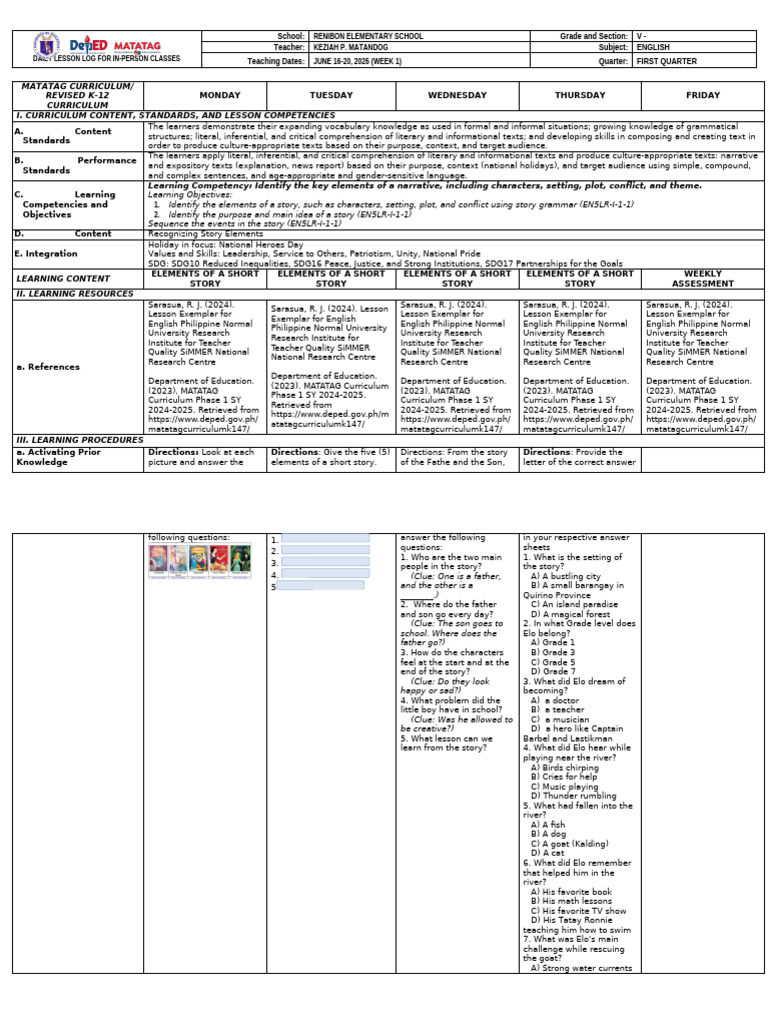G5Q1W1 DLL English Matatagg5q1w1 DLL English Matatag | PDF | Plot ...