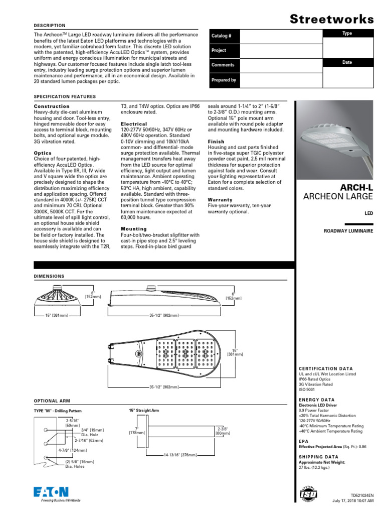 Streetworks ARCH-L Archeon Large Eaton | PDF | Lighting | Sensor