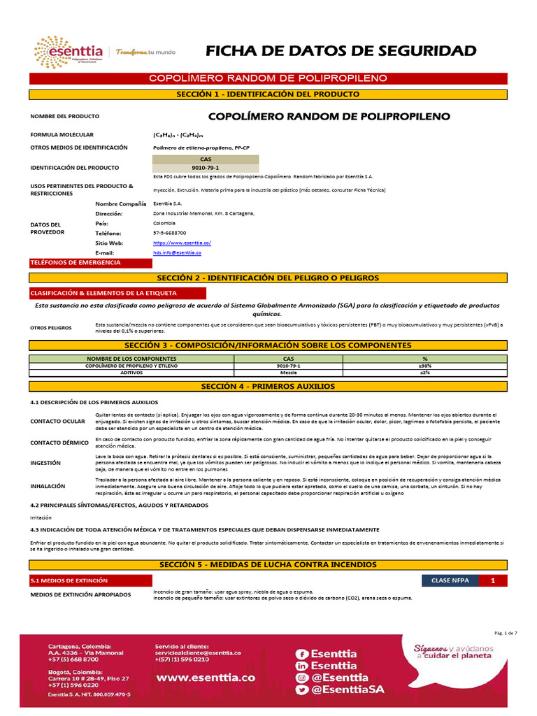 Hoja de Seguridad Polipropileno Esenttia 02r01ca-1 (b328) | PDF | Residuos | Agua