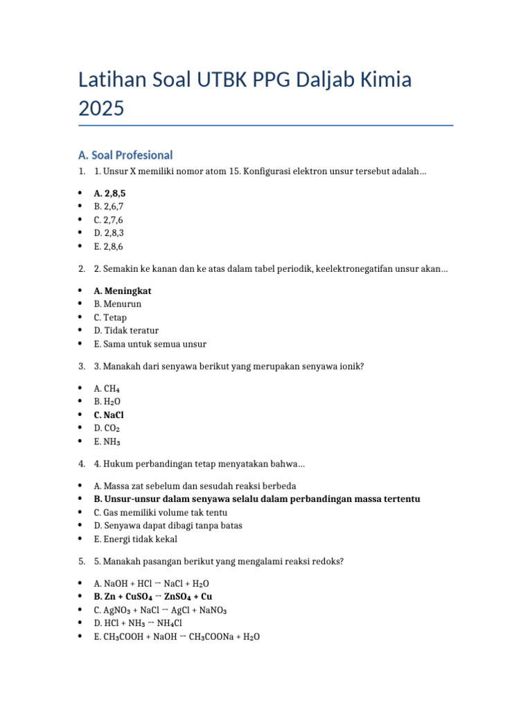 Latihan Soal UTBK PPG Kimia 2025 Lengkap | PDF