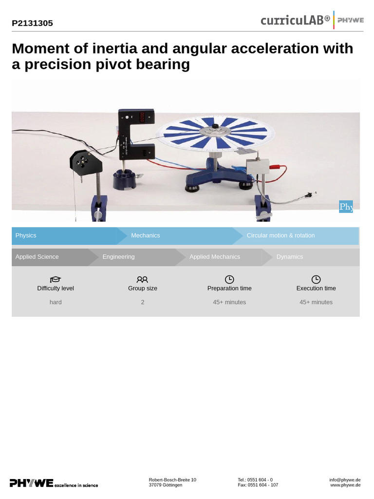 Moment Of Inertia And Angular Acceleration With A Precision Pivot Bearing Pdf Rotation