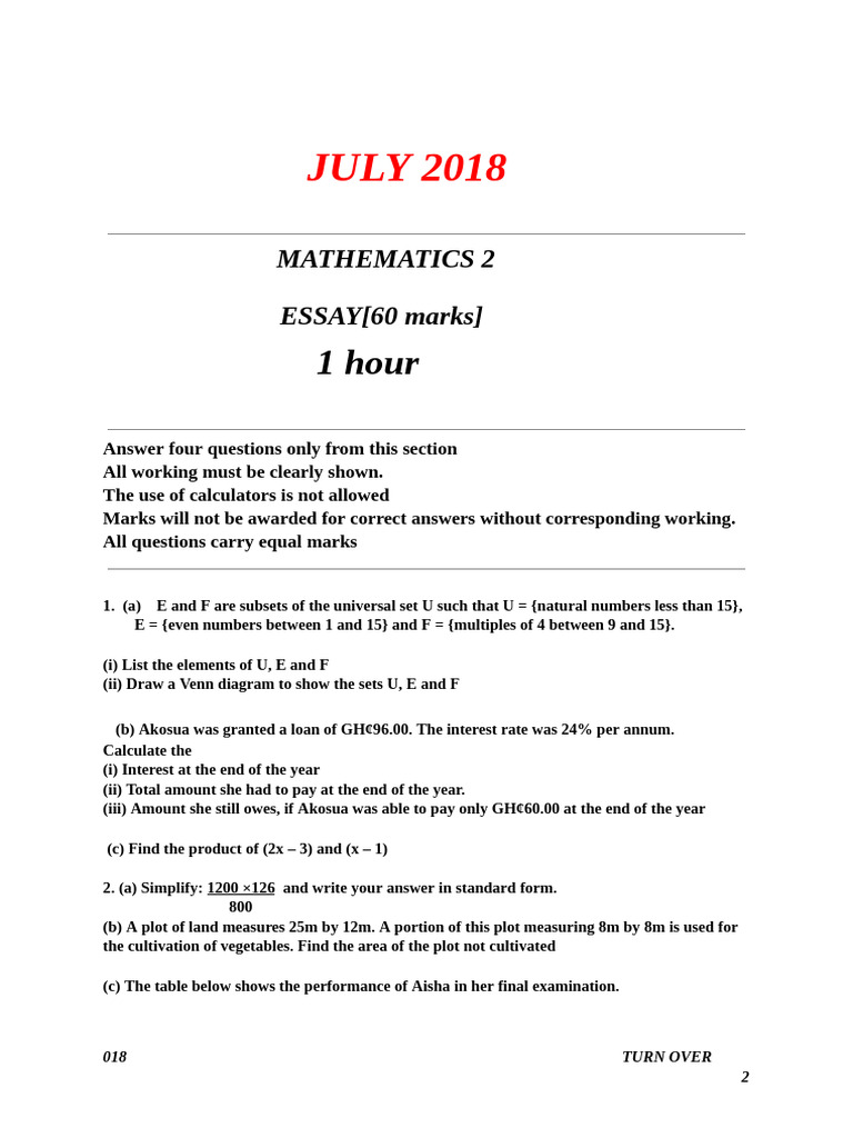 July 2018 Mathematics Exam Questions | PDF | Qualifications