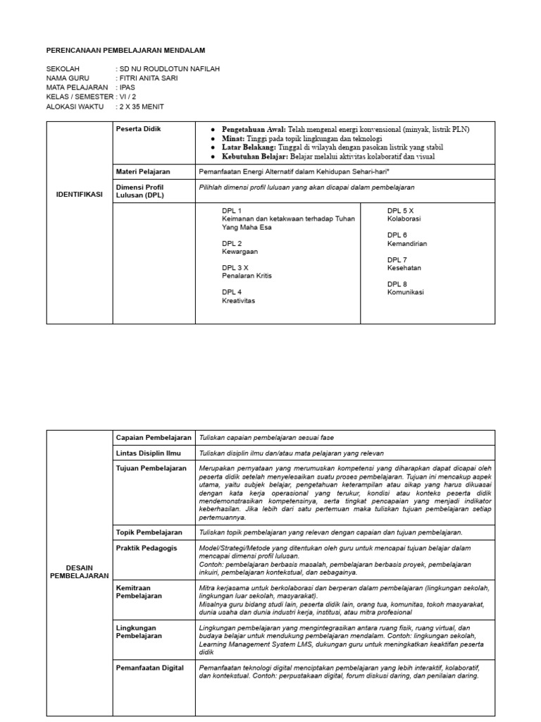 Template - RPP Pembelajaran Mendalam | PDF