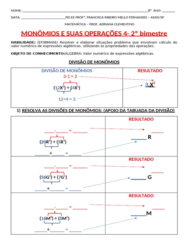 Monômios e Suas Operações 4 Mult e Divisão | PDF | Matemática | Álgebra