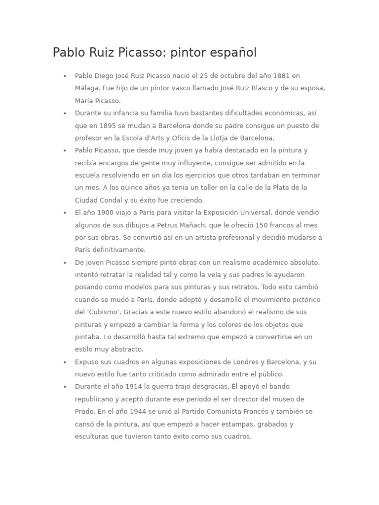 Biografía breve de Pablo Picasso | PDF | Pablo Picasso | Las artes