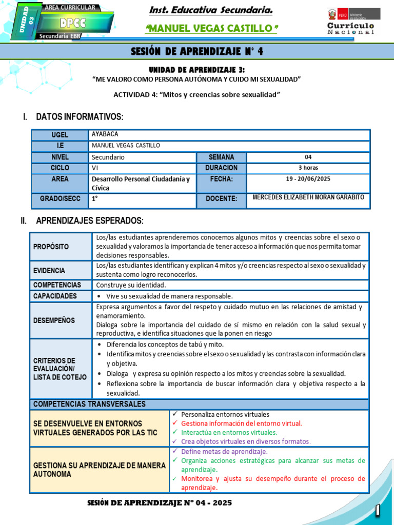 1º DPCC - Ses 4 Uni 3 - Sem 04 | PDF | La sexualidad humana | Maestros