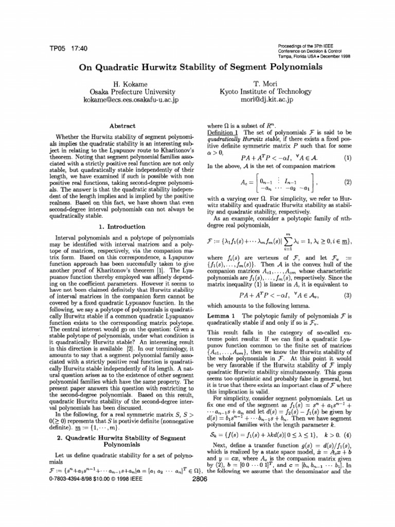 H Kokane 1998 On Quadratic Hurwitz Stability of Segment Polynomials ...