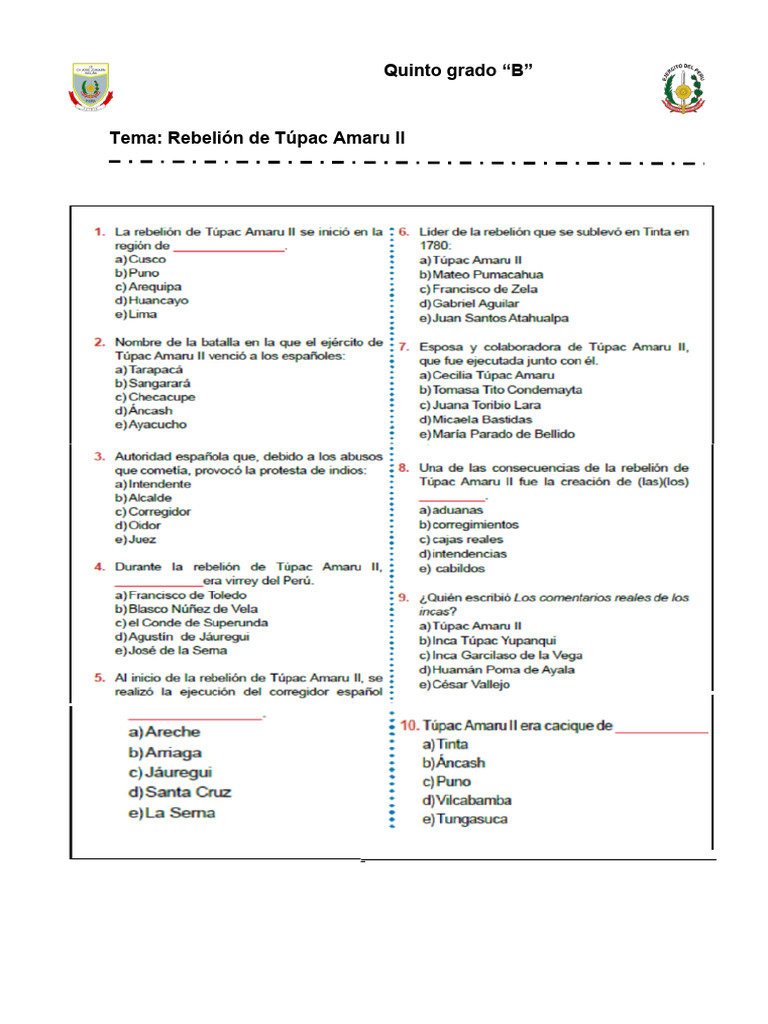 Ficha Práctica - Rebelión de Túpac Amaru II | PDF
