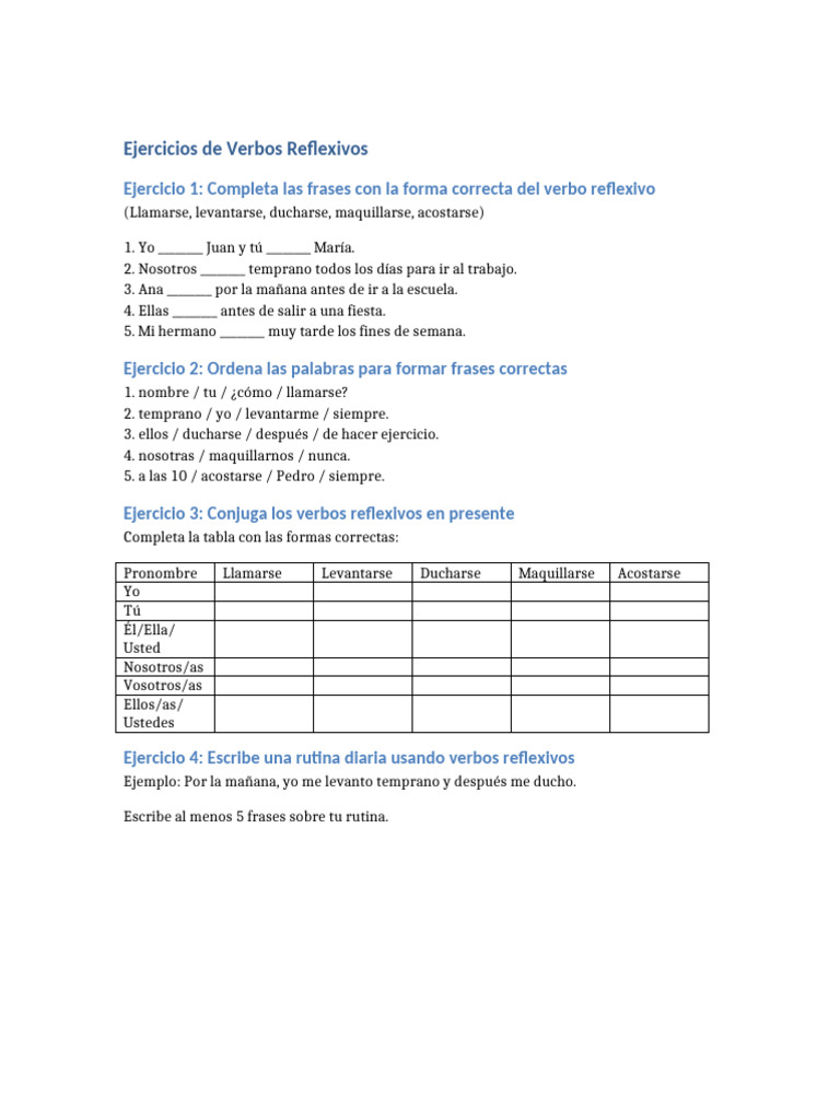 Ejercicios Prácticos de Verbos Reflexivos | PDF