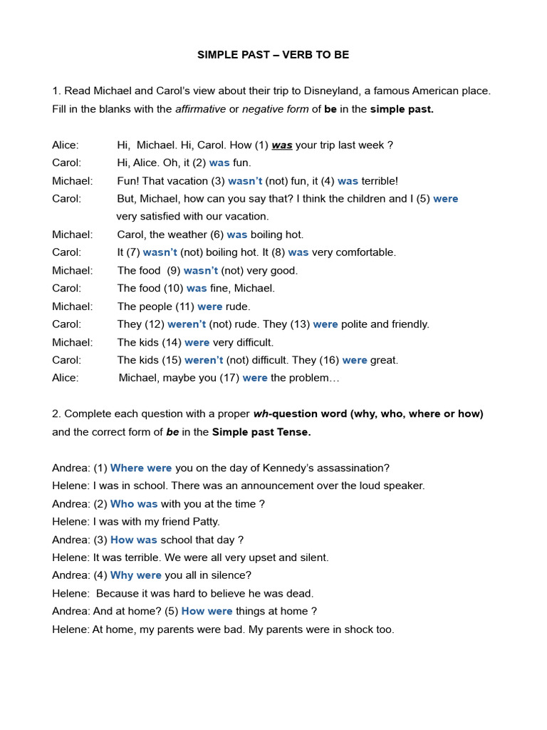 Simple Past Verb To Be Exercises | PDF | Language Mechanics | Linguistics