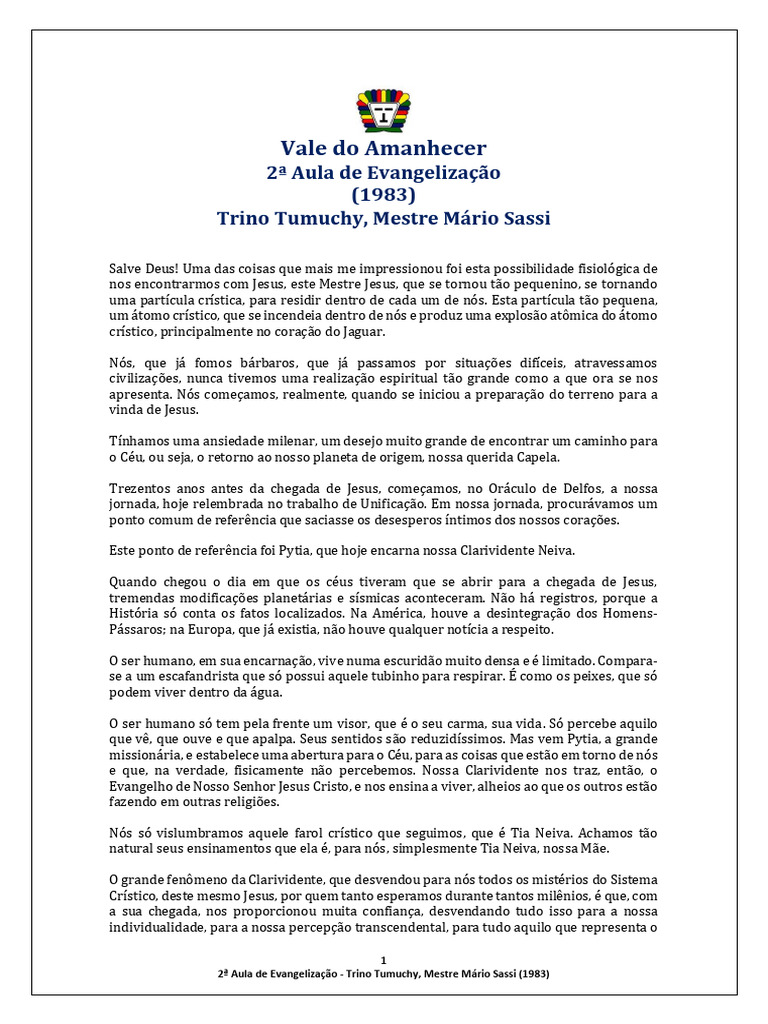 Trino Tumuchy, Mestre Mário Sassi - 2 Aula de Evangelização (1983 ...