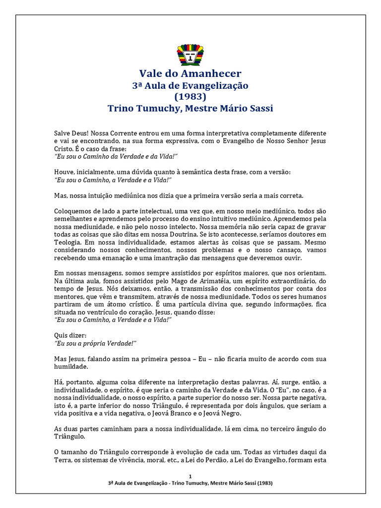Trino Tumuchy, Mestre Mário Sassi - 3 Aula de Evangelização (1983 ...