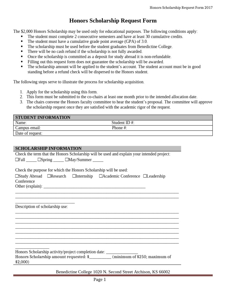 Honors Scholarship Request Form 2017 | PDF