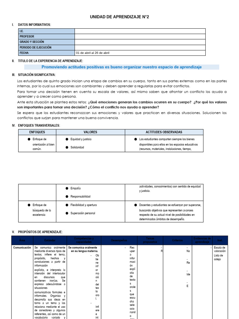 5° Grado - Unidad de Aprendizaje N°02 | PDF | Aprendizaje | Las emociones