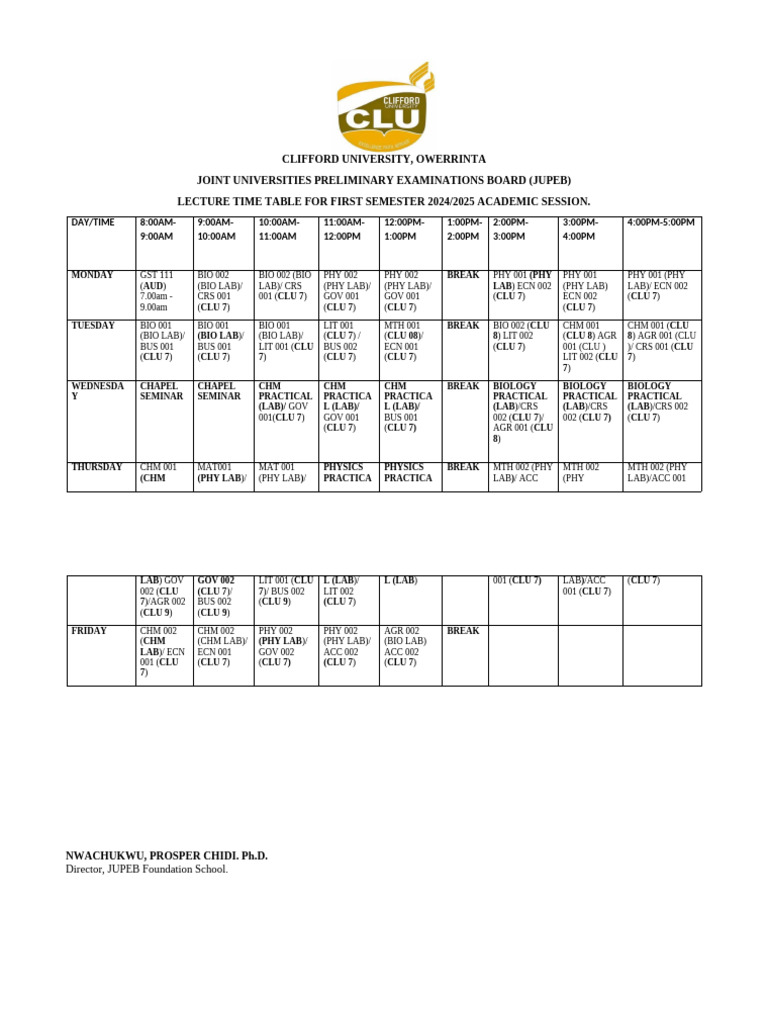 2025 Jupeb First Semester Lecture Time Table | PDF | Educational Stages ...