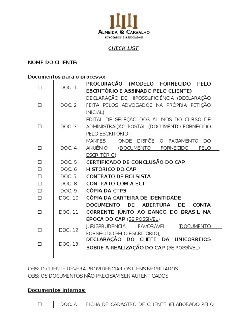 CAP - Docs - Modelos - Checklist | PDF