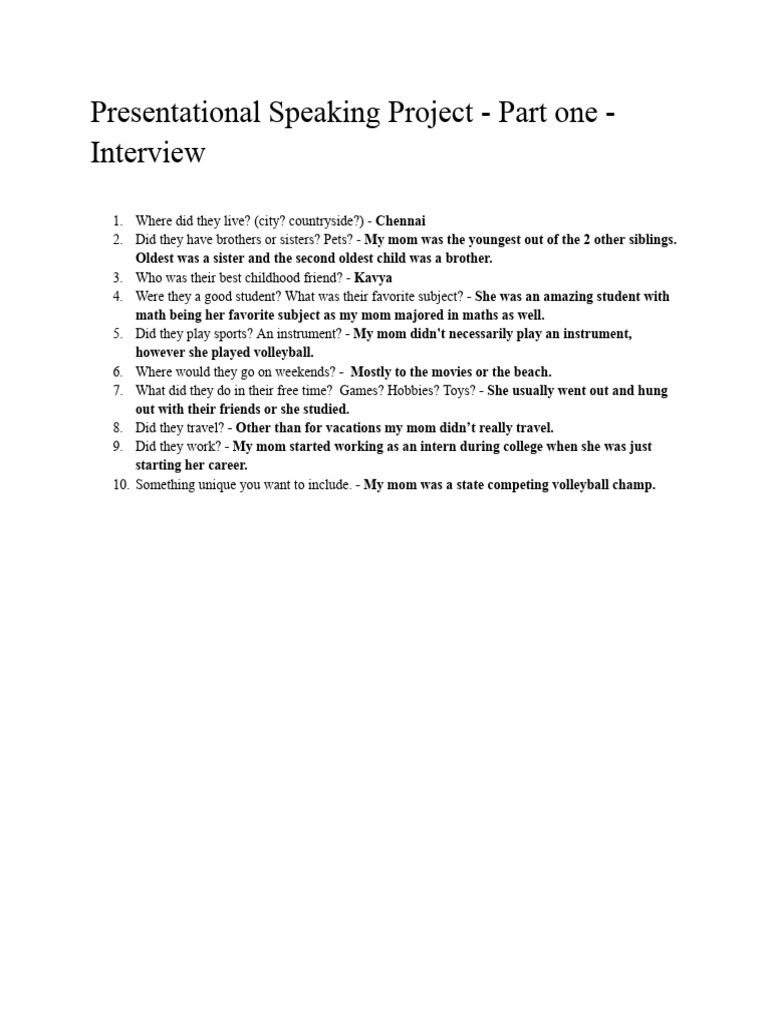 Presentational Speaking Project - Part One - Interview | PDF