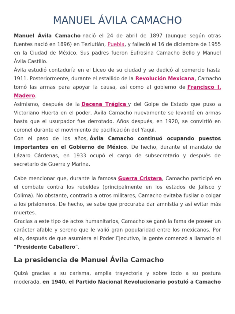 Manuel Ávila Camacho: Presidente Moderado de México | PDF