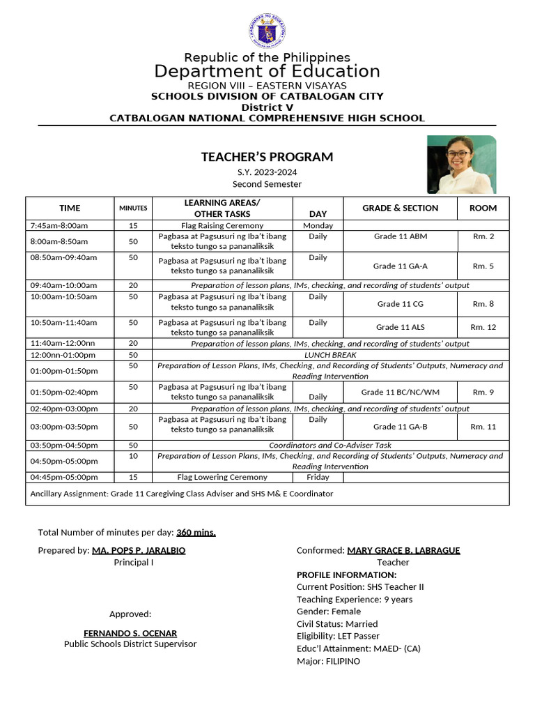 SY 2023 2024 Division Template Teachers Program MarygraceLAB 2nd Sem Regular | PDF | Schools ...