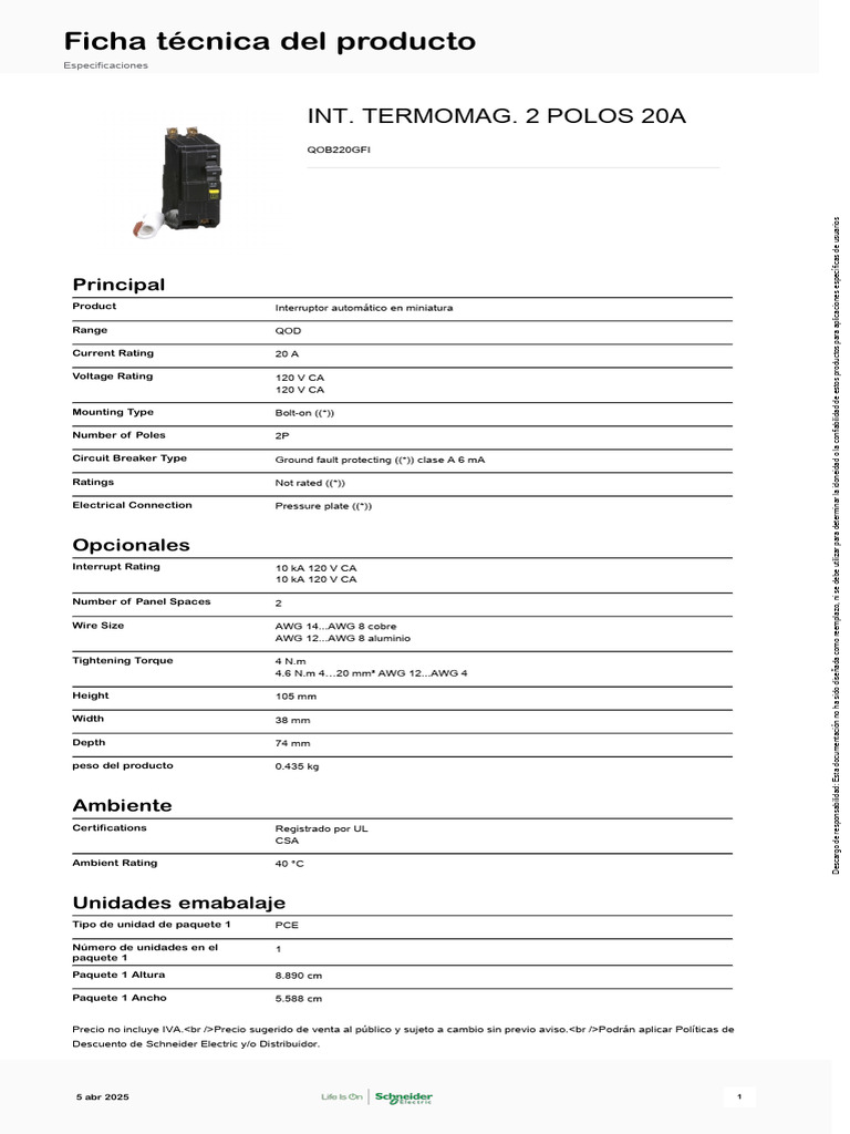 Schneider Electric Interruptores Termomagnéticos QO QOB QOB220GFI | PDF ...