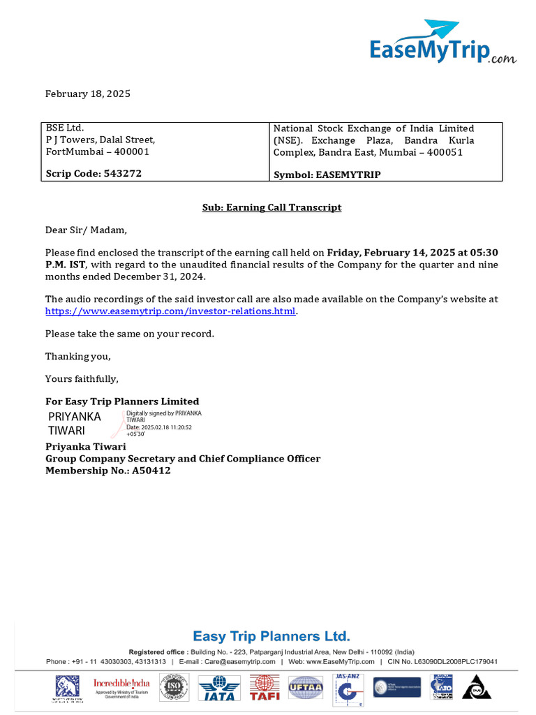 Scrip Code: 543272 Symbol: EASEMYTRIP Sub: Earning Call Transcript ...