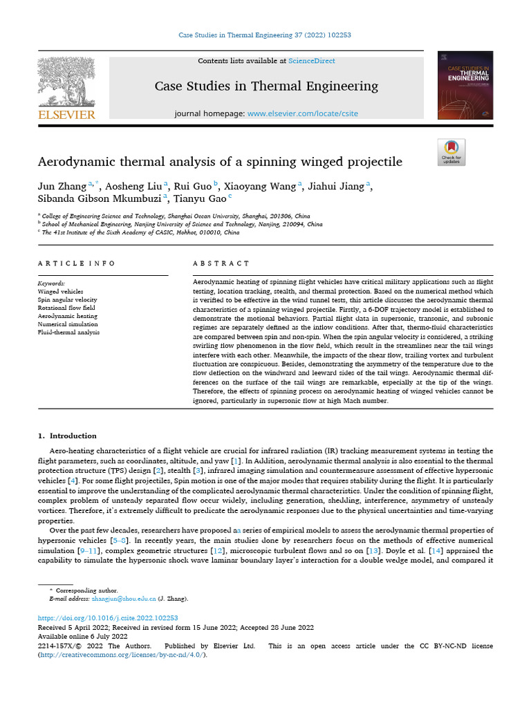 Aerodynamic Thermal Analysis of A Spinning Winged Projectile | PDF | Aerodynamics | Fluid Dynamics