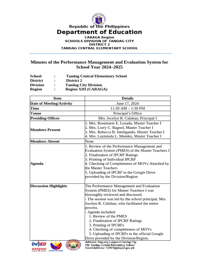 Minutes of PMES For Teachers | PDF